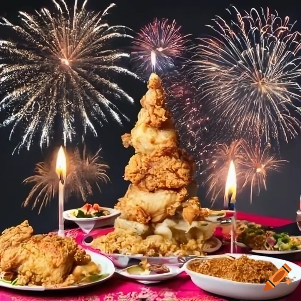 Birthday feast with a pyramid of fried chicken topped with candles and ...