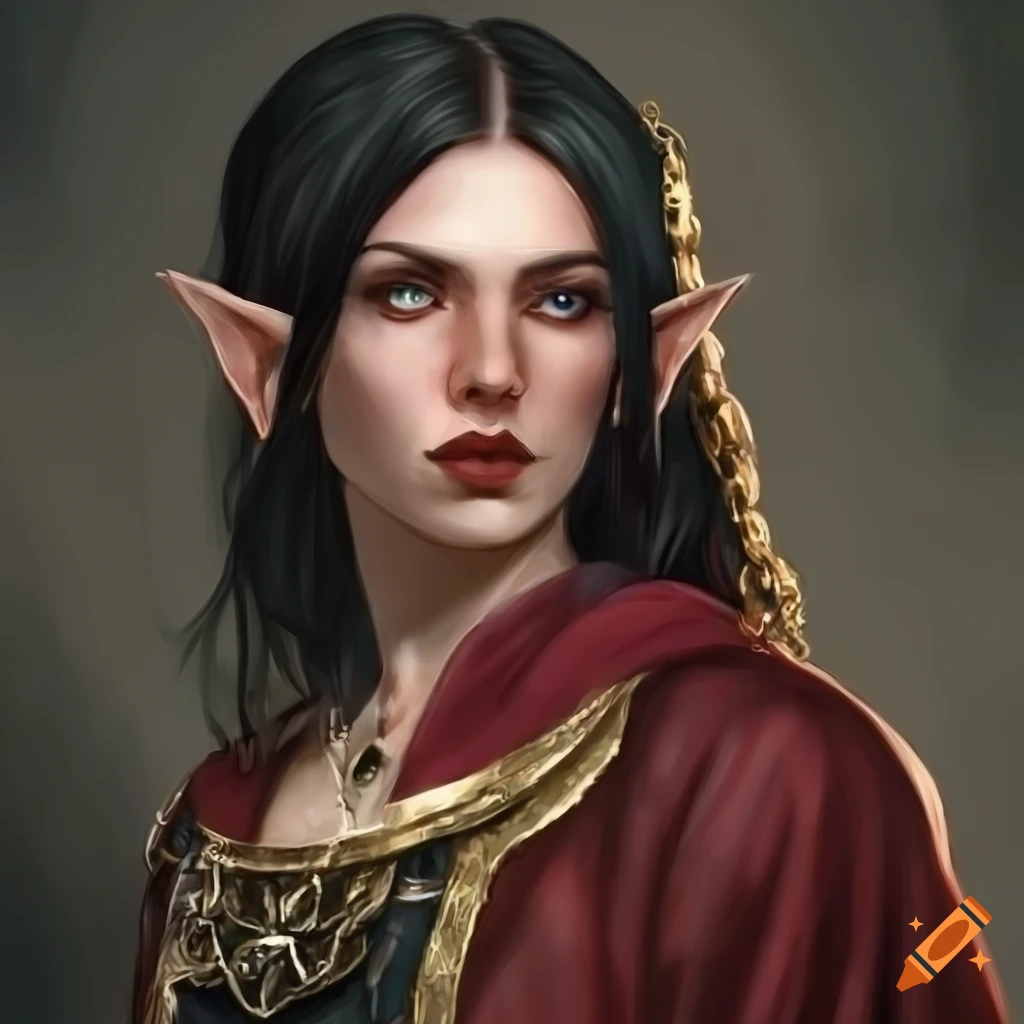 Beautiful female elf with black hair and ornate gold necklace on Craiyon