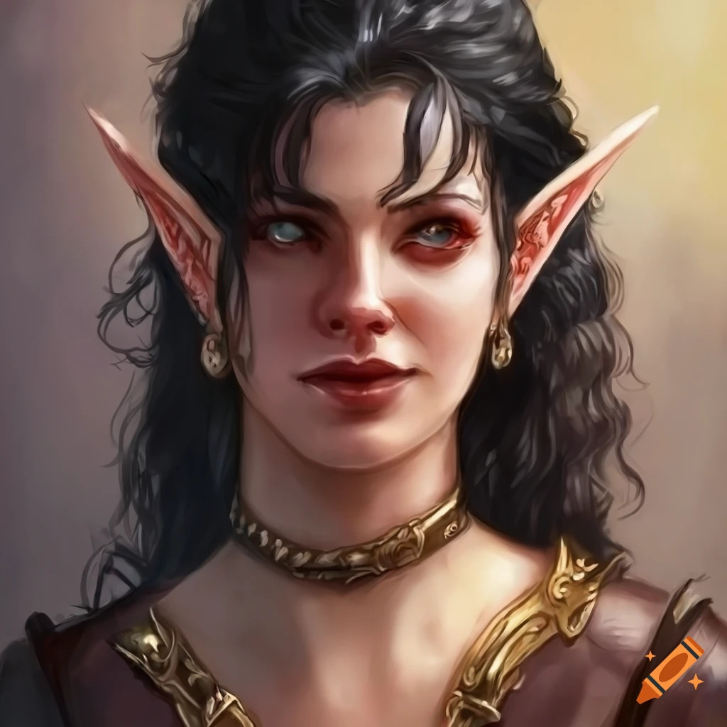 Portrait of beautiful female elf with black hair and intricate gold ...