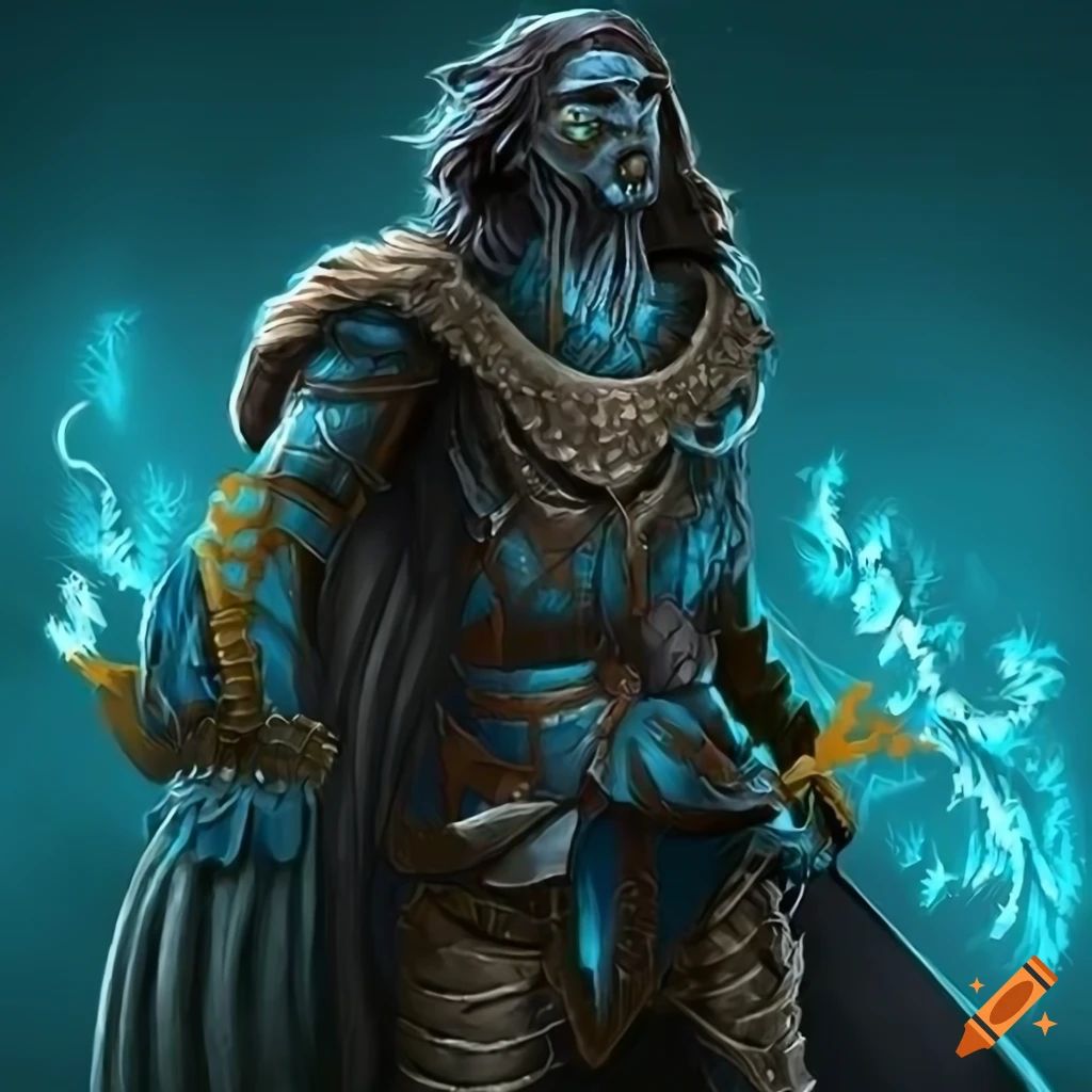 Dnd triton male in scale-mail armor with lichtenberg scar on Craiyon