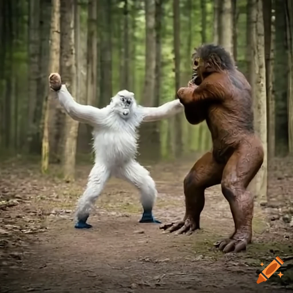 Bigfoot and Yeti playfully wrestling in the woods on Craiyon