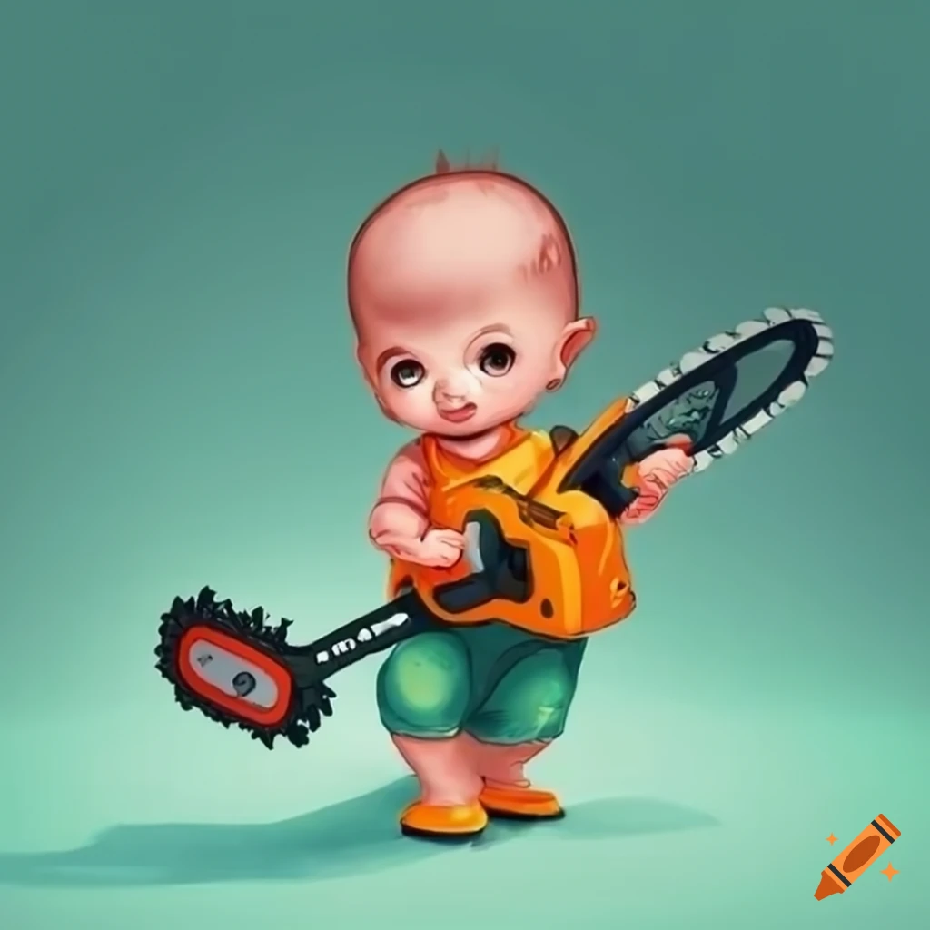 Cute baby holding a chainsaw on Craiyon