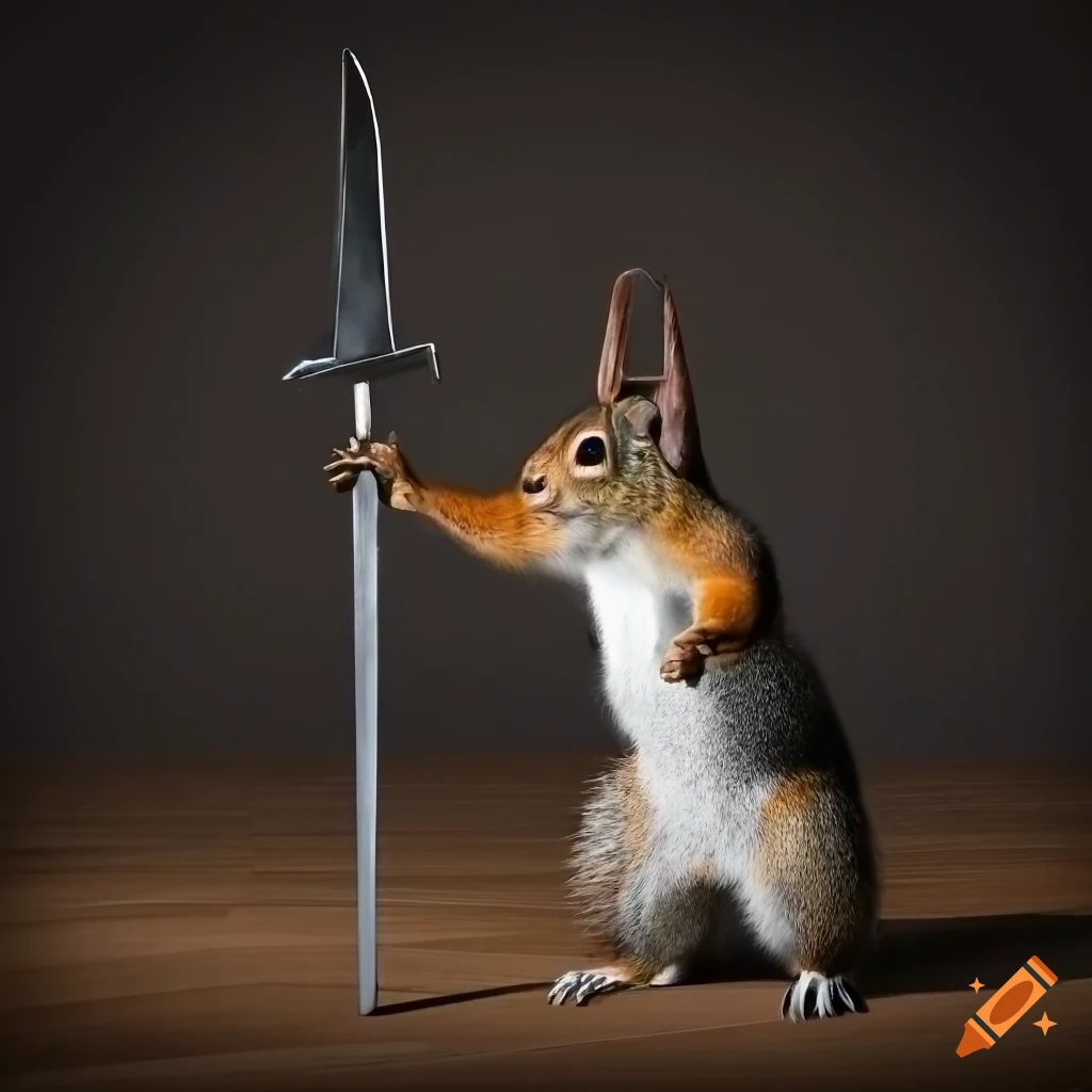 Squirrel holding a sword in a plain room on Craiyon