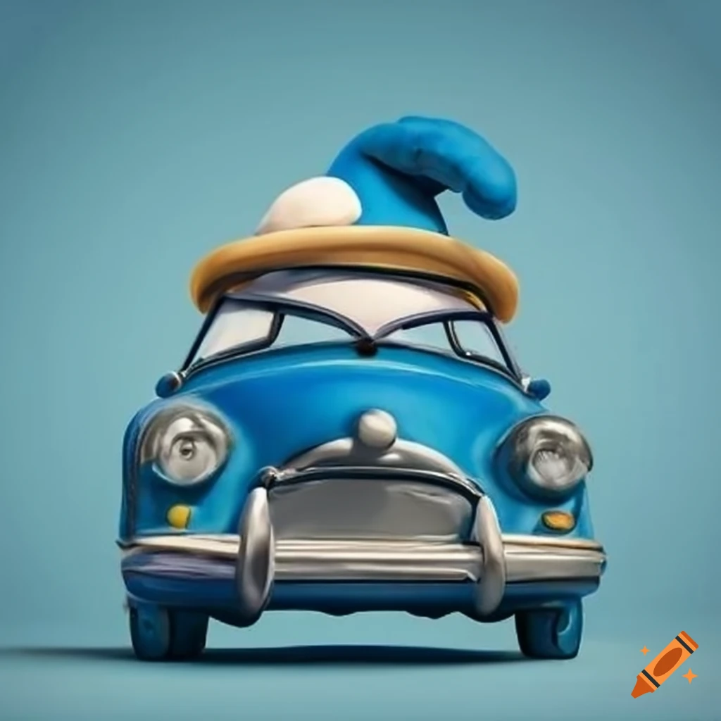 Blue car with a smurf hat on top on Craiyon