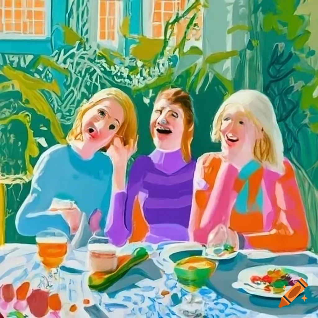 Three young women friends laughing and enjoying a spring lunch in a ...