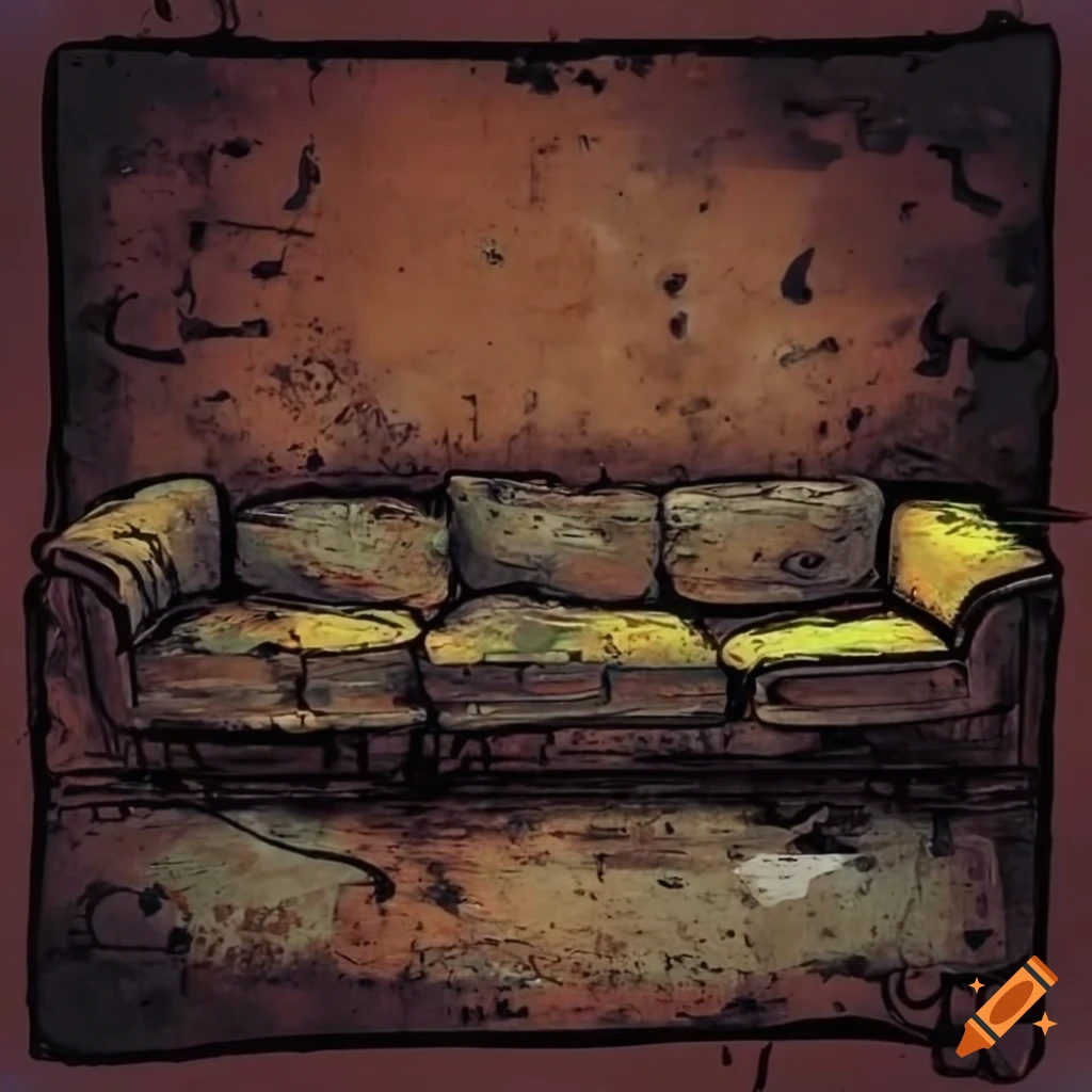Dark room with worn sofas and industrial aesthetics in post-apocalyptic ...
