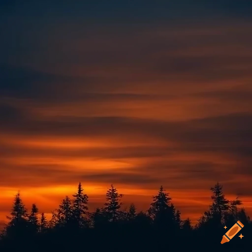Beautiful sunset over a peaceful forest with long shadows on Craiyon