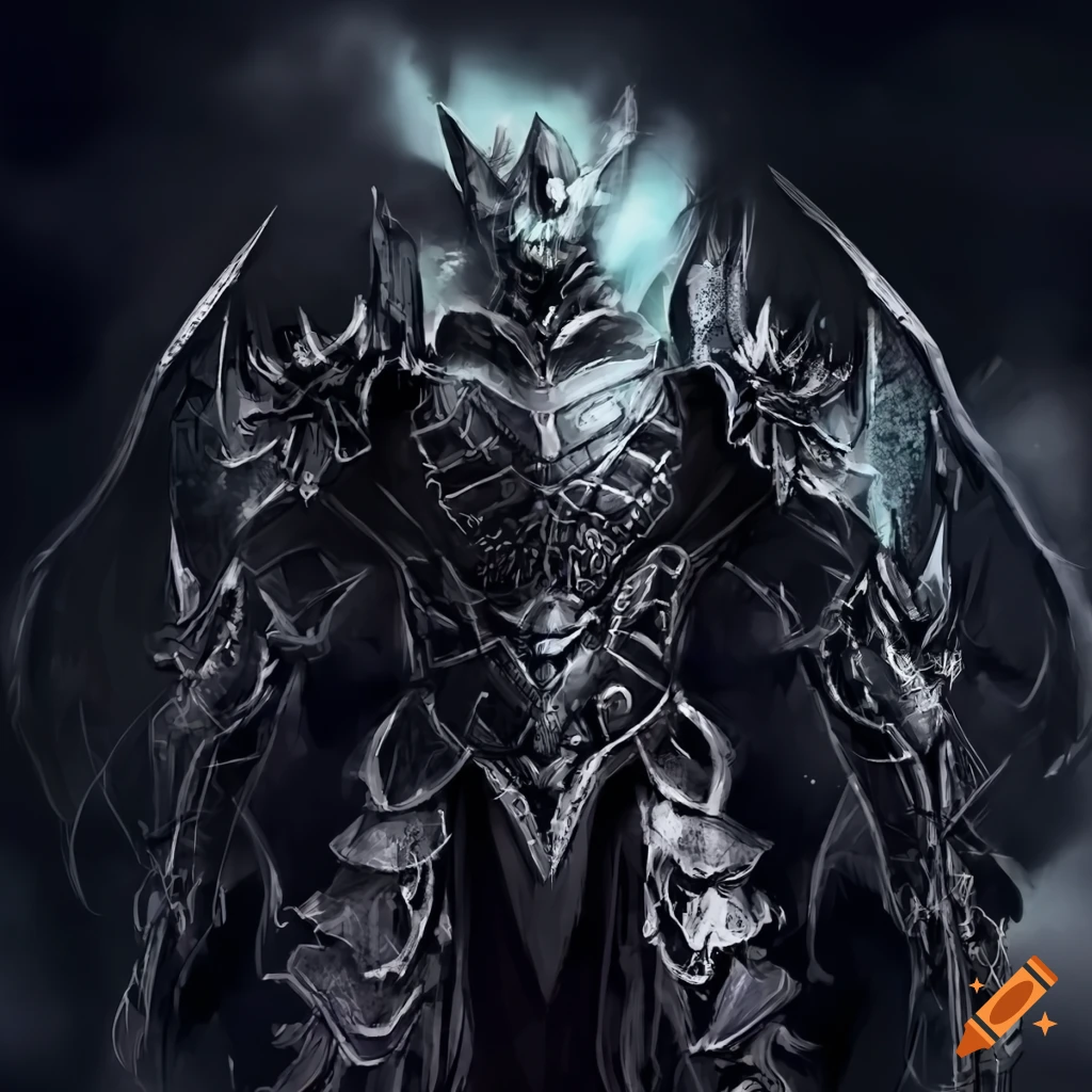 Armored demon god with white-glared eye against dark clouds on Craiyon