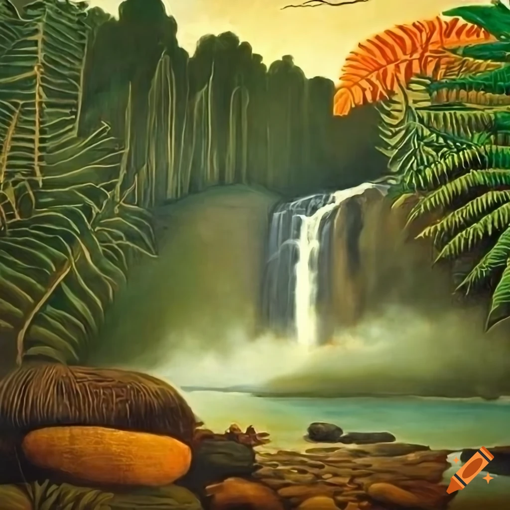 Kalandula falls in a tropical rainforest under the summer sun in henri rousseau style on Craiyon