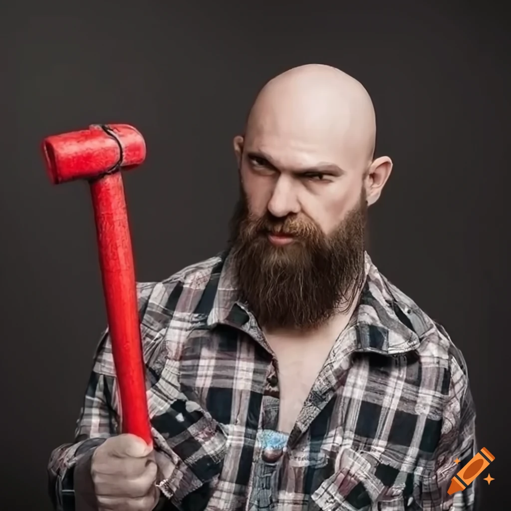 Hyper realistic bald man with black and white beard holding a giant red hammer on Craiyon