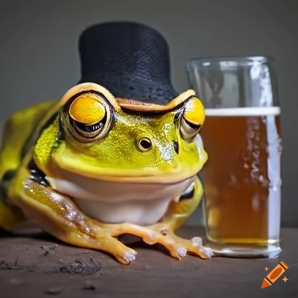 Yellow frog in a coat and hat drinking beer on Craiyon