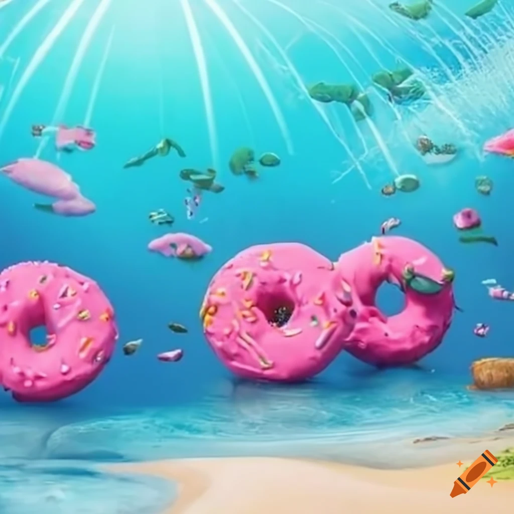 Island in the ocean made of pink donuts on Craiyon