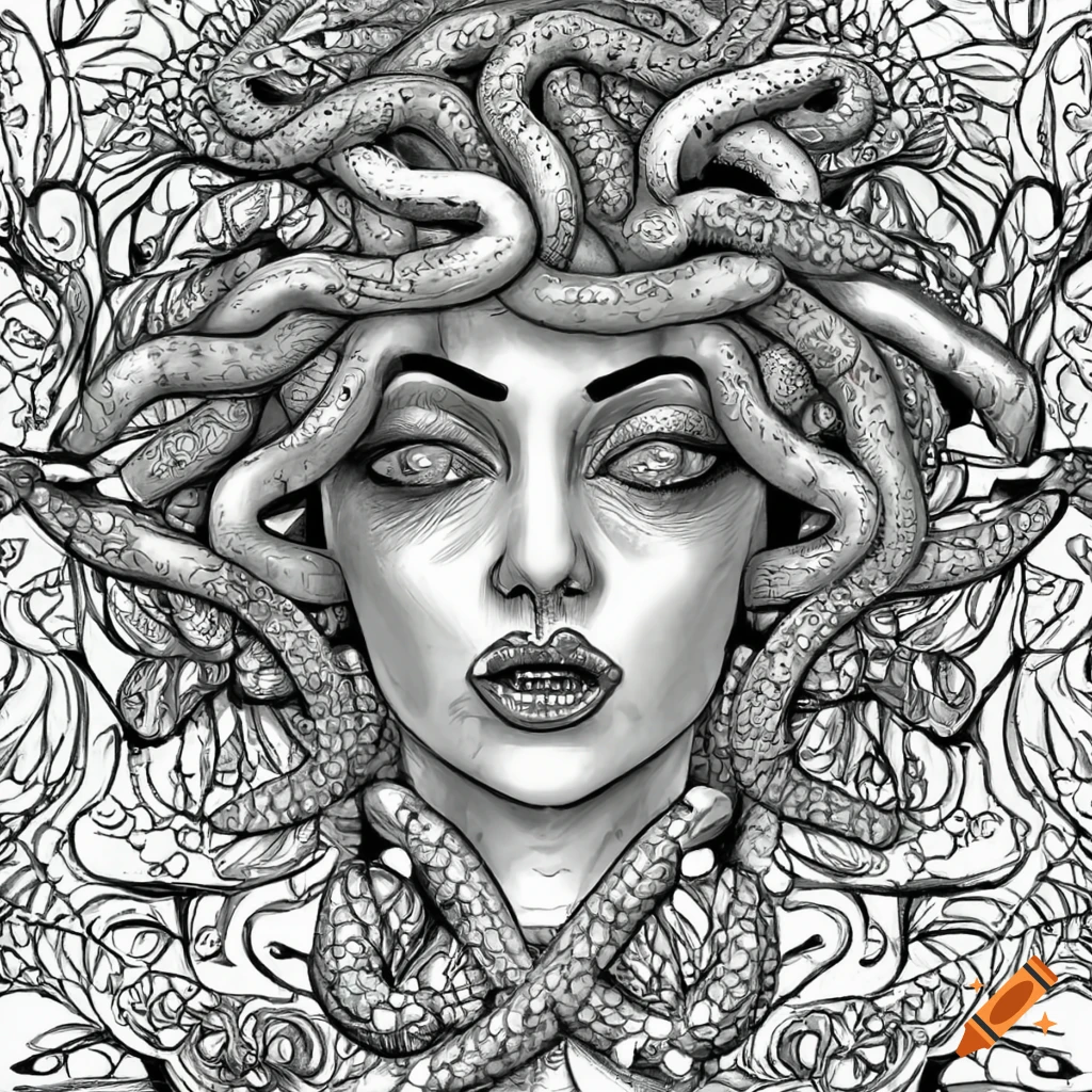 Intricate and beautiful coloring page of medusa with serene expression ...