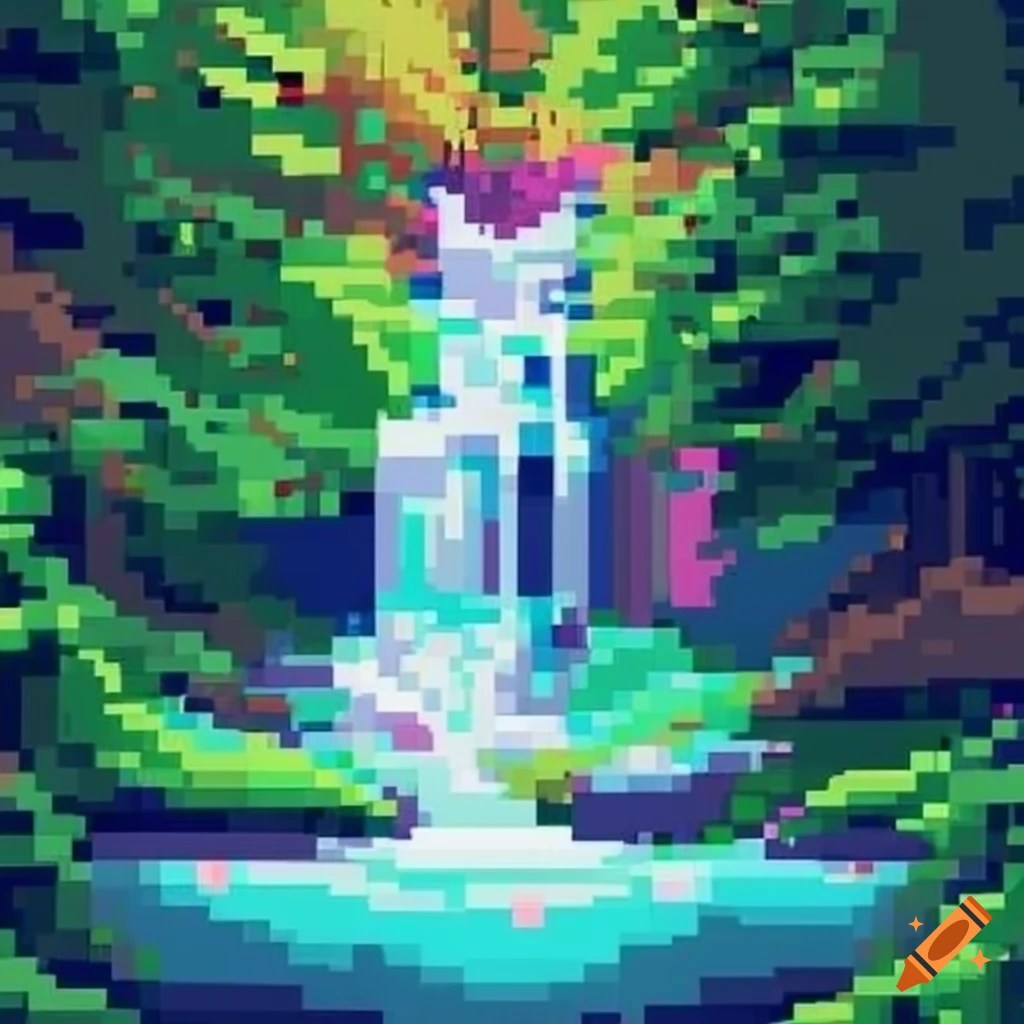 Detailed pixel art of a rainbow-colored forest waterfall on Craiyon