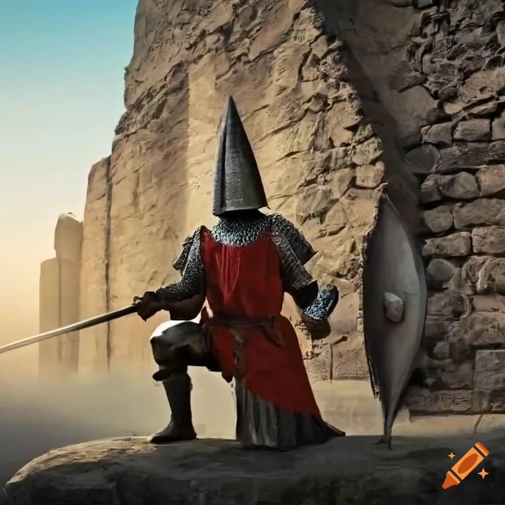 Medieval knight with tall cone shaped helmet on stone wall holding ...