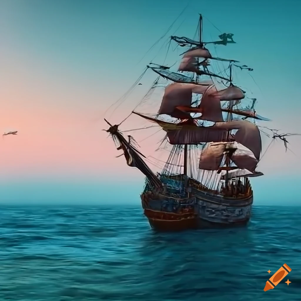 Colorful pirate ship on the open sea in cinematic style on Craiyon