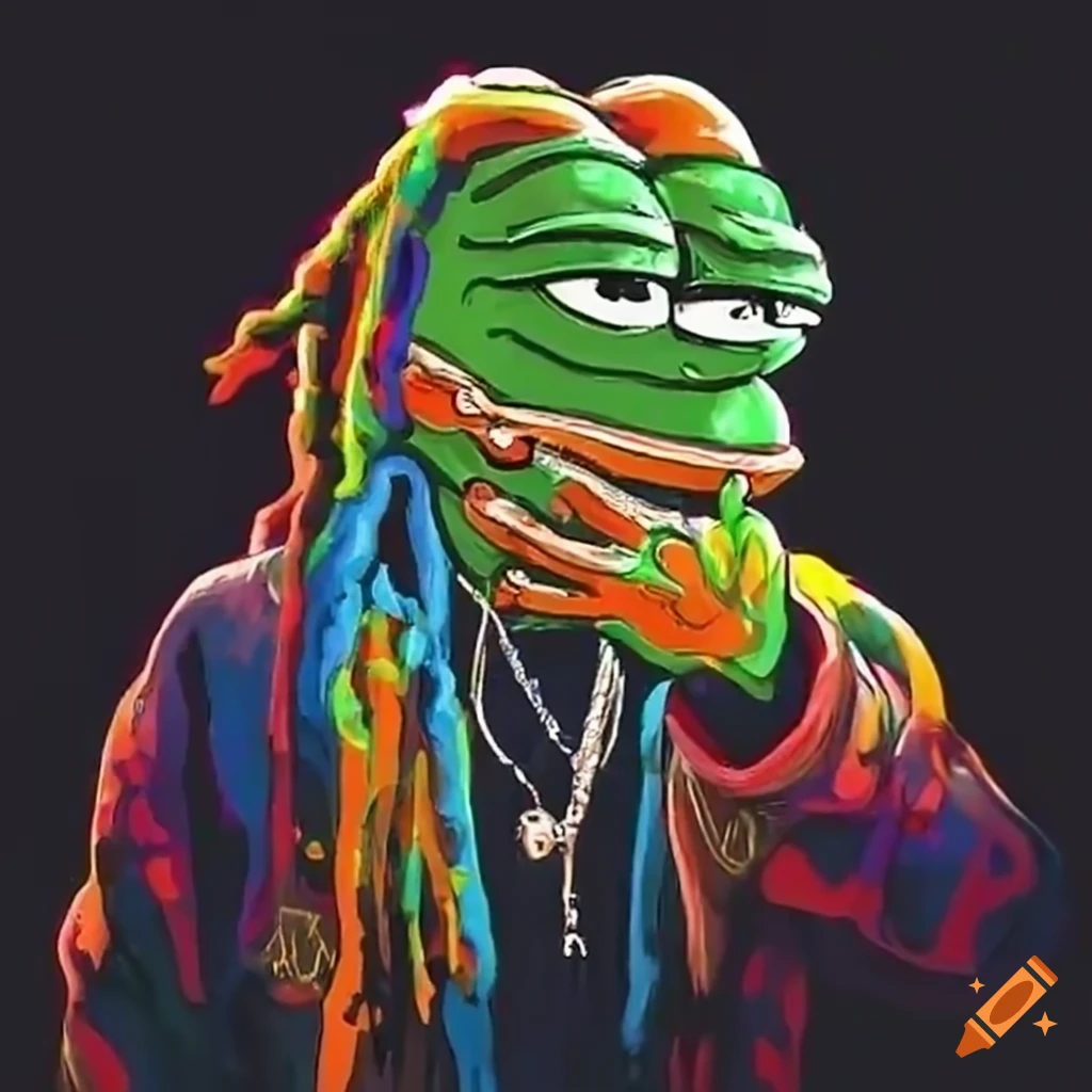 Pepe the frog resembling rapper Lil Wayne with dreadlocks on stage with ...