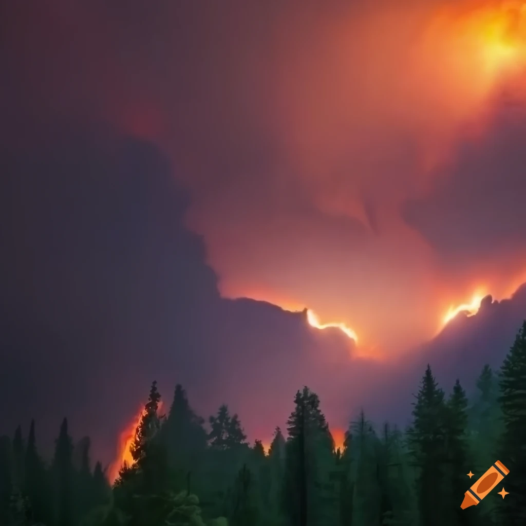 Fire storm over a forest on Craiyon