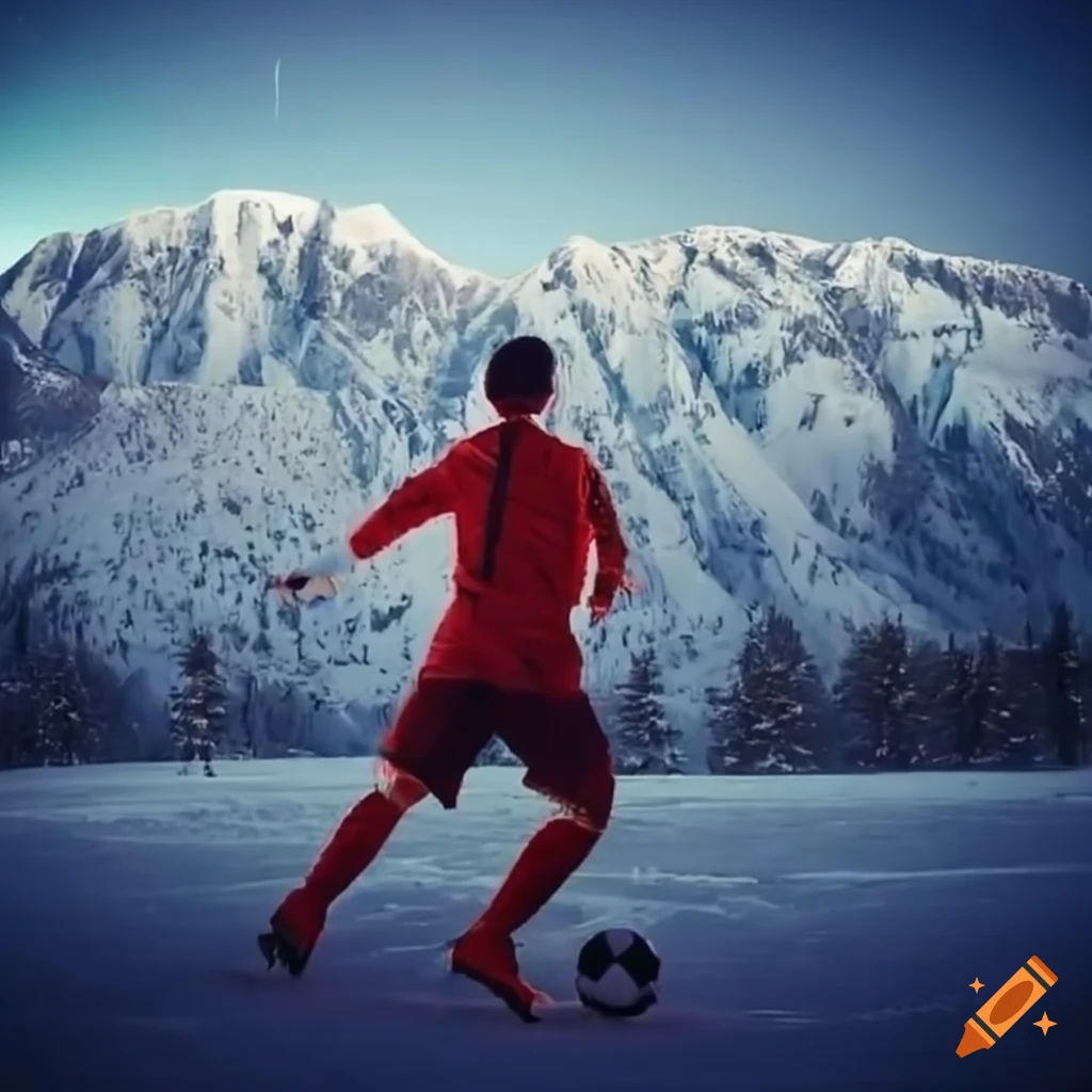 Playing soccer in snow-covered ski mountains on Craiyon