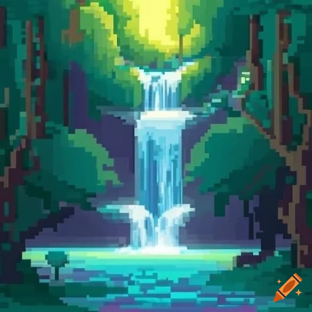Detailed pixel art of a cozy rainbow waterfall in the forest on Craiyon