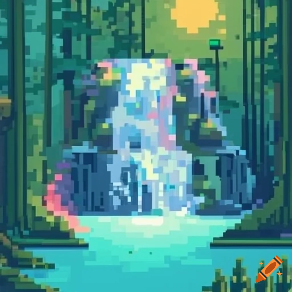 Detailed pixel art of a cozy rainbow waterfall in the forest on Craiyon