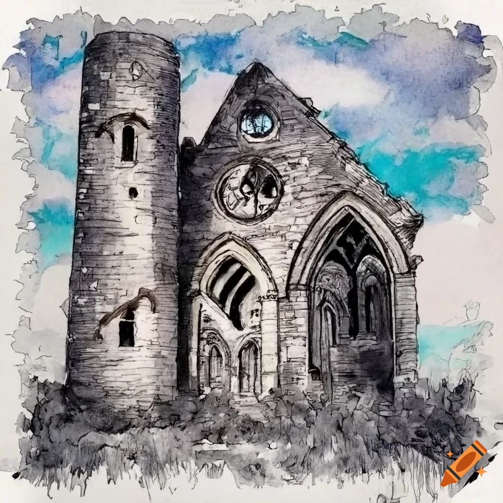 Pen and ink drawing of ruined church with round tower and flying ...
