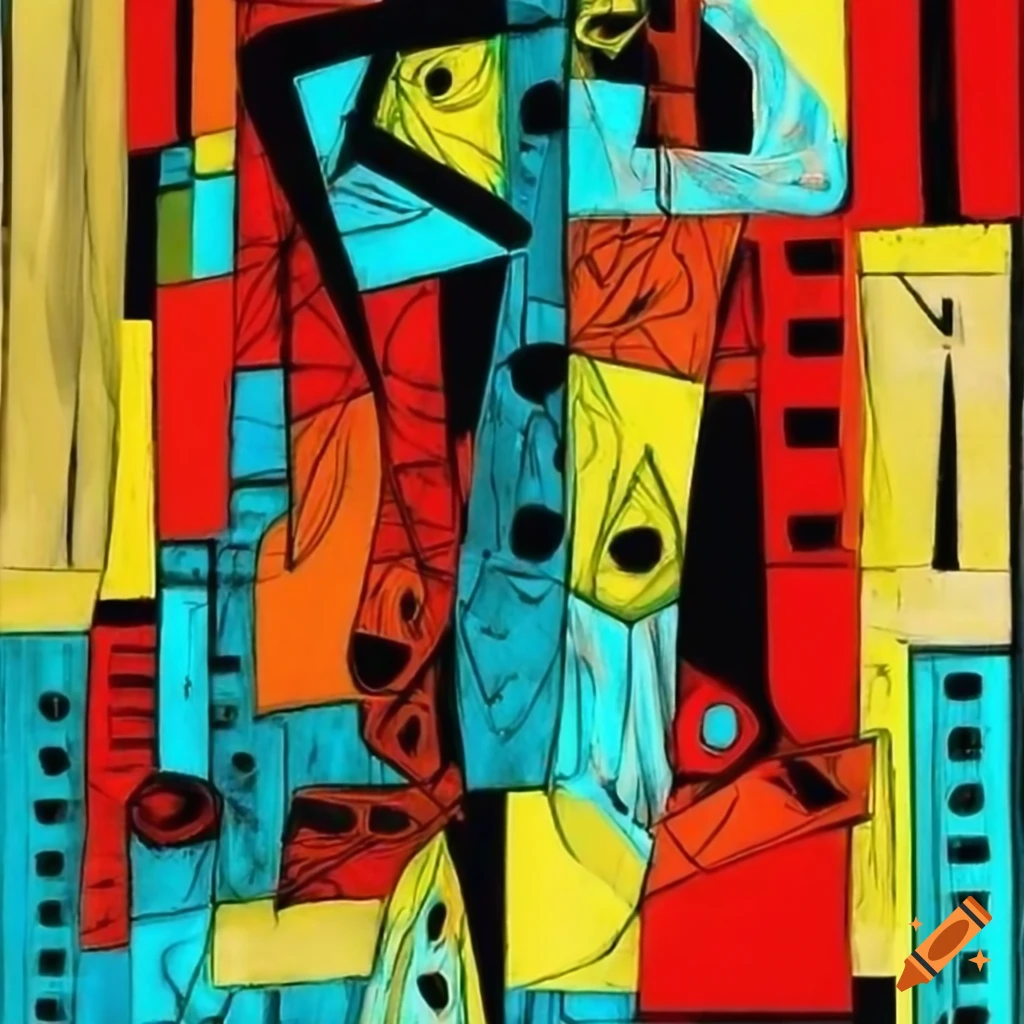 Vibrant cubist surrealist artwork with contrasting colors and intricate ...