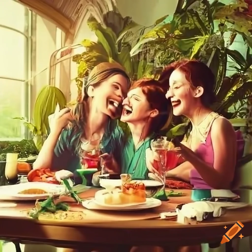 Friends enjoying spring brunch in a sunny conservatory on Craiyon