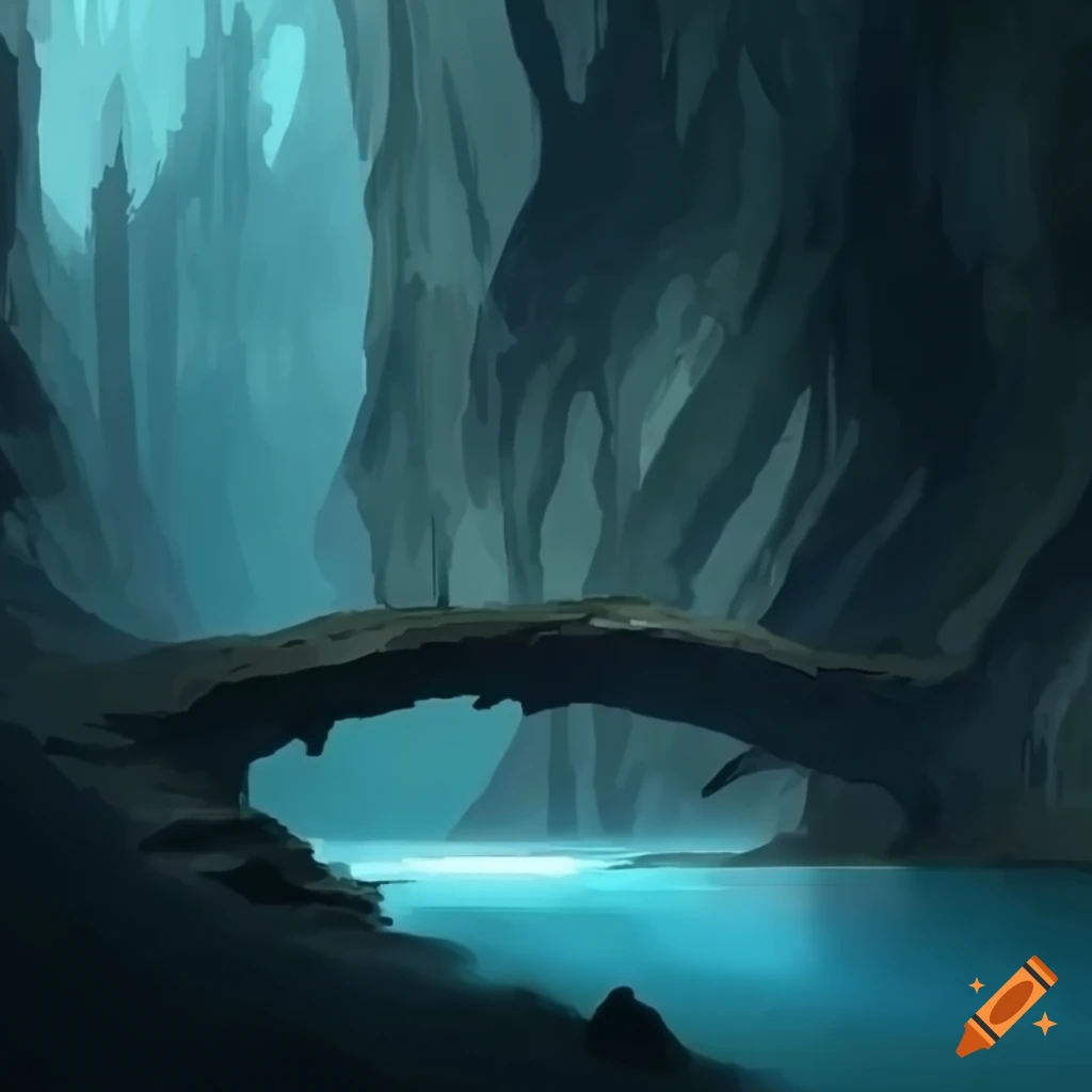 Dark underground cavern with rushing river, ancient stone bridge, and ...