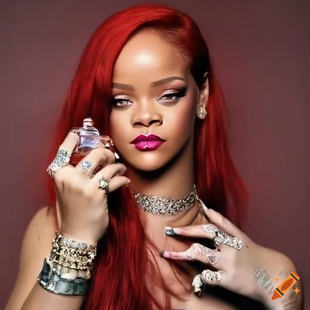 Rihanna with red hair holding a perfume bottle on Craiyon