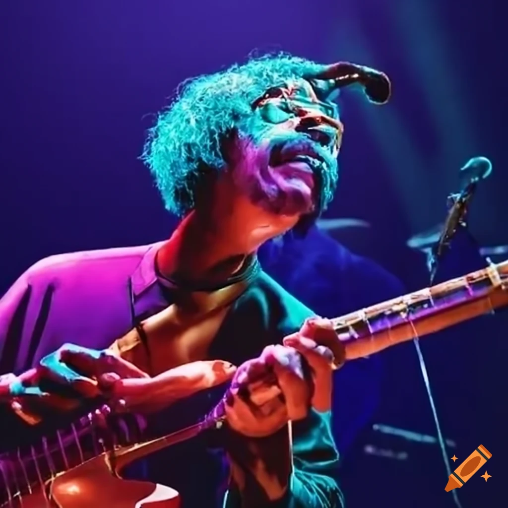 Guy talking to a jam band about jazz on Craiyon