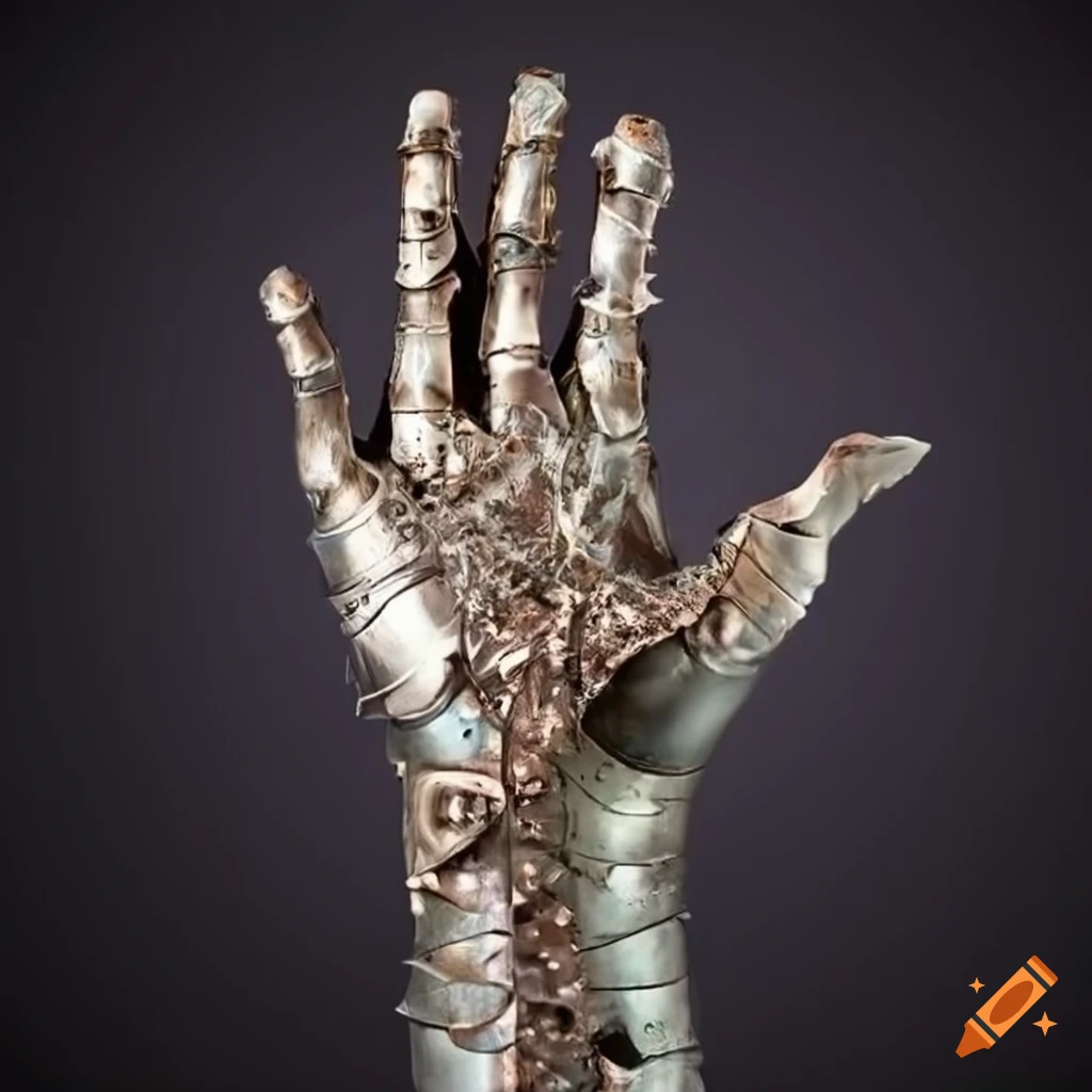 Human hand covered in liquid metal with armor scraps embedded on Craiyon