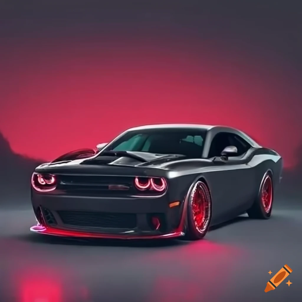 Black hellcat with red underglow in the night on Craiyon