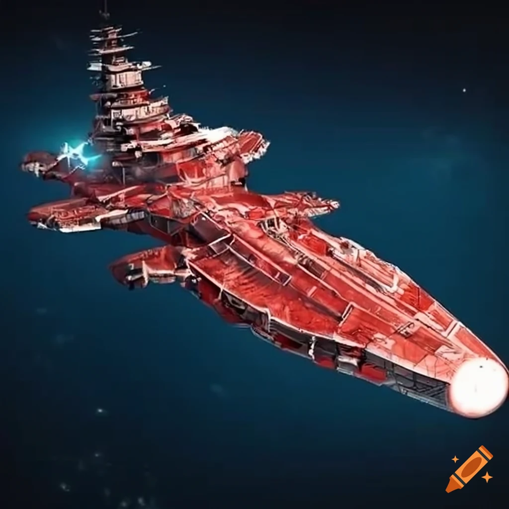 White and red space battleship with numerous cannons on Craiyon