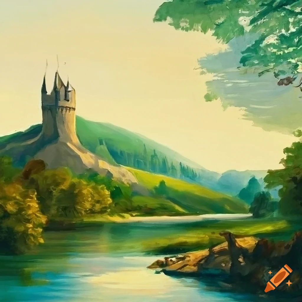 Tall stone castle surrounded by green hill, oak trees, and river on Craiyon