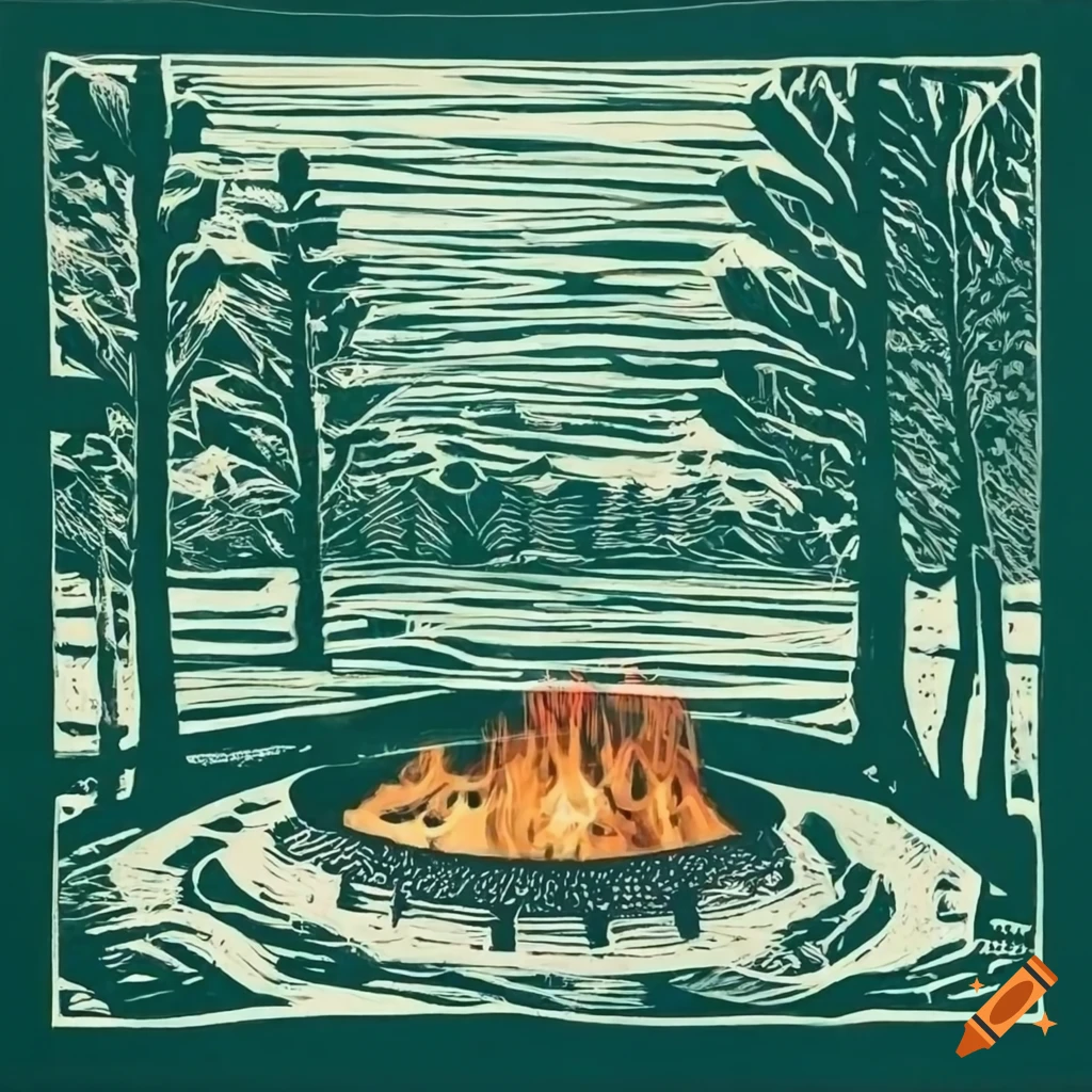 Green lino print woodland scene with couple and fire pit on Craiyon