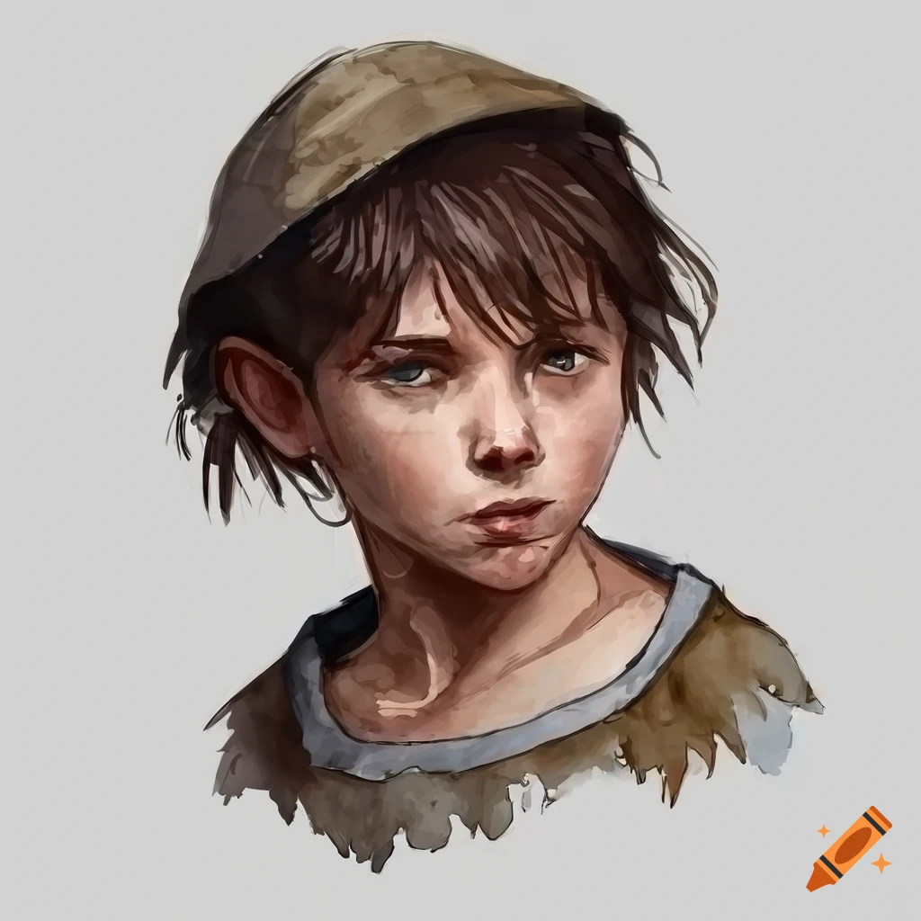 Medieval fantasy portrait of a peasant boy with thick black outlines on ...