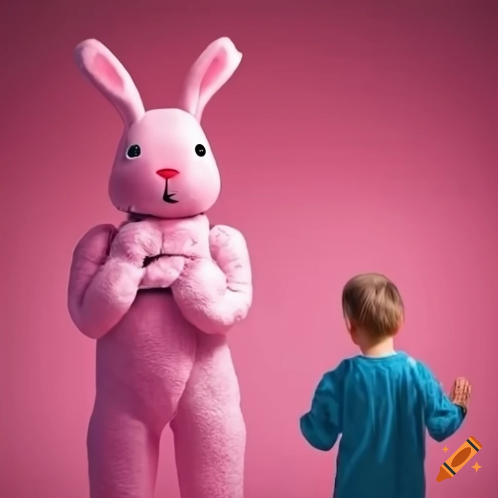 Child with a backpack followed by a pink humanoid rabbit on Craiyon