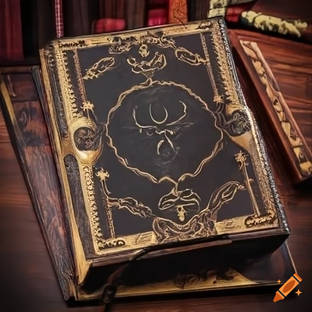 Black grimoire tome in an ominous library on Craiyon