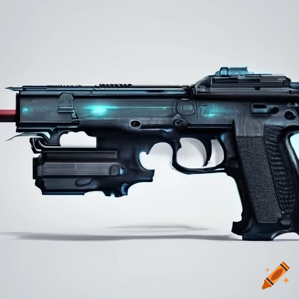 Futuristic pistol in a cybernetic technology setting on white ...