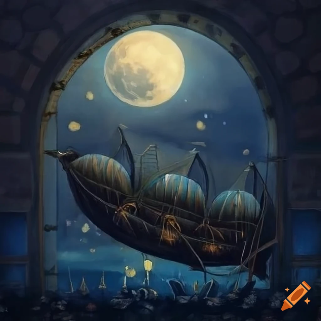 Detailed magic airship with lights in windows in a moonlit night on Craiyon