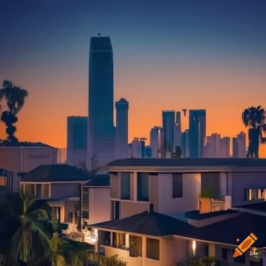 Modern suburb with skyscrapers and palm trees in the background on Craiyon