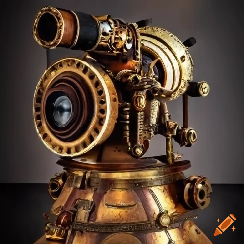 Steampunk turret guardian with intricate golden mechanism and cannon on ...