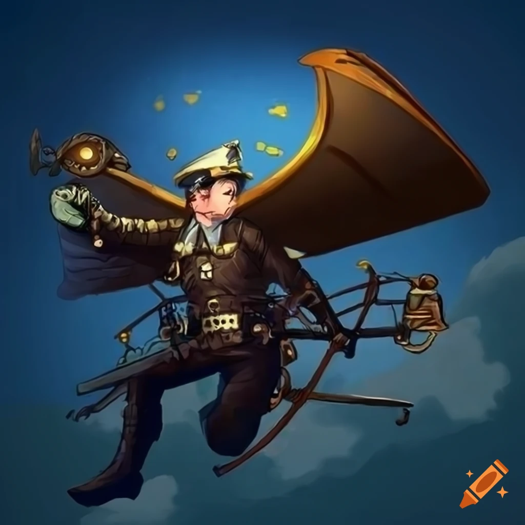 Policeman flying in the sky with a steampunk glider in fantasy art ...