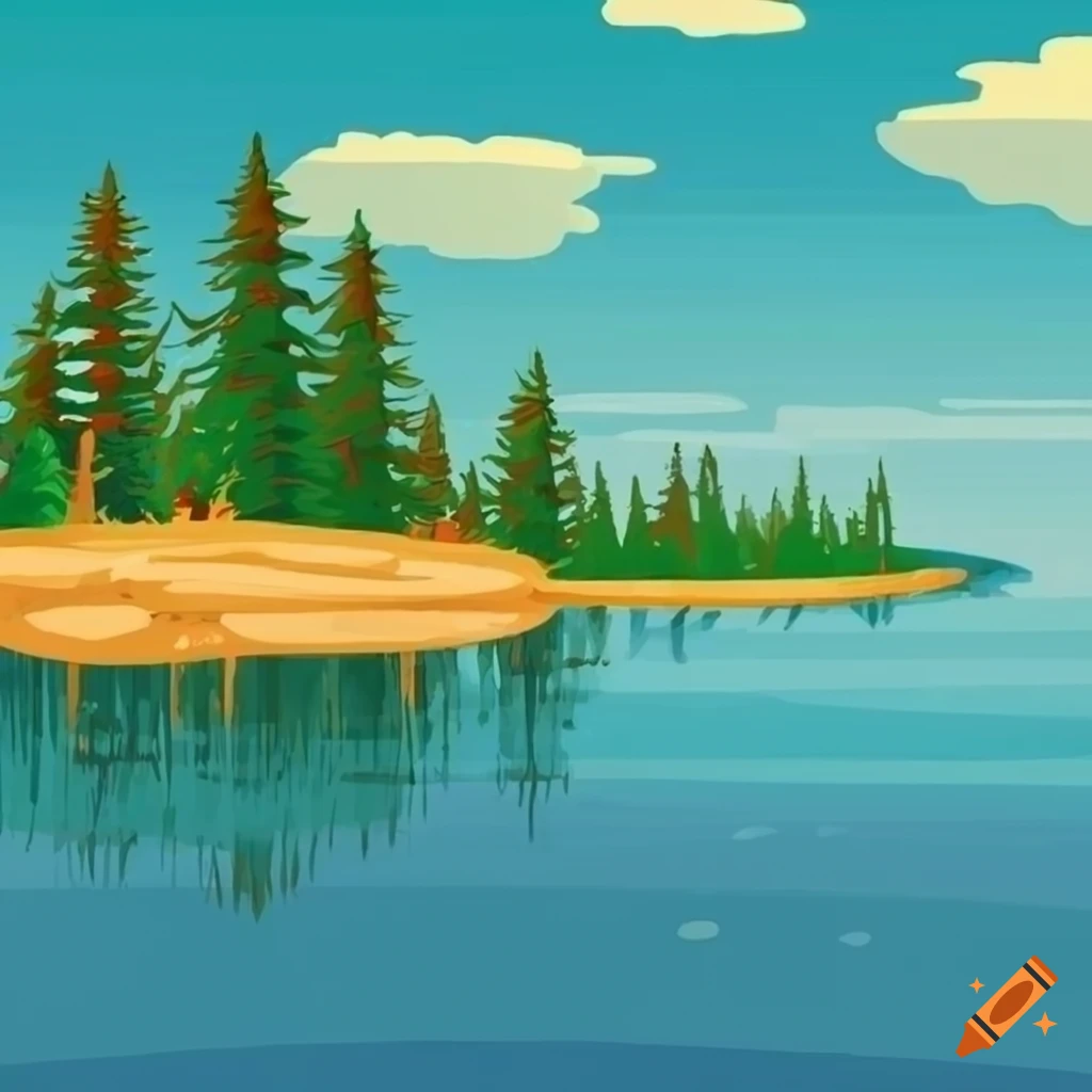 Cartoon lake shore with pine trees on Craiyon