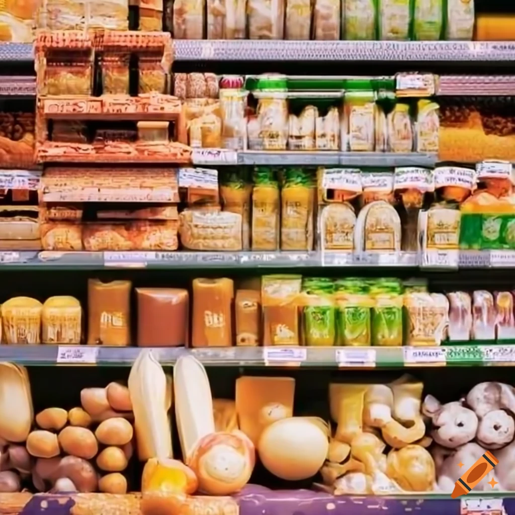 Supermarket shelf texture with various products on Craiyon