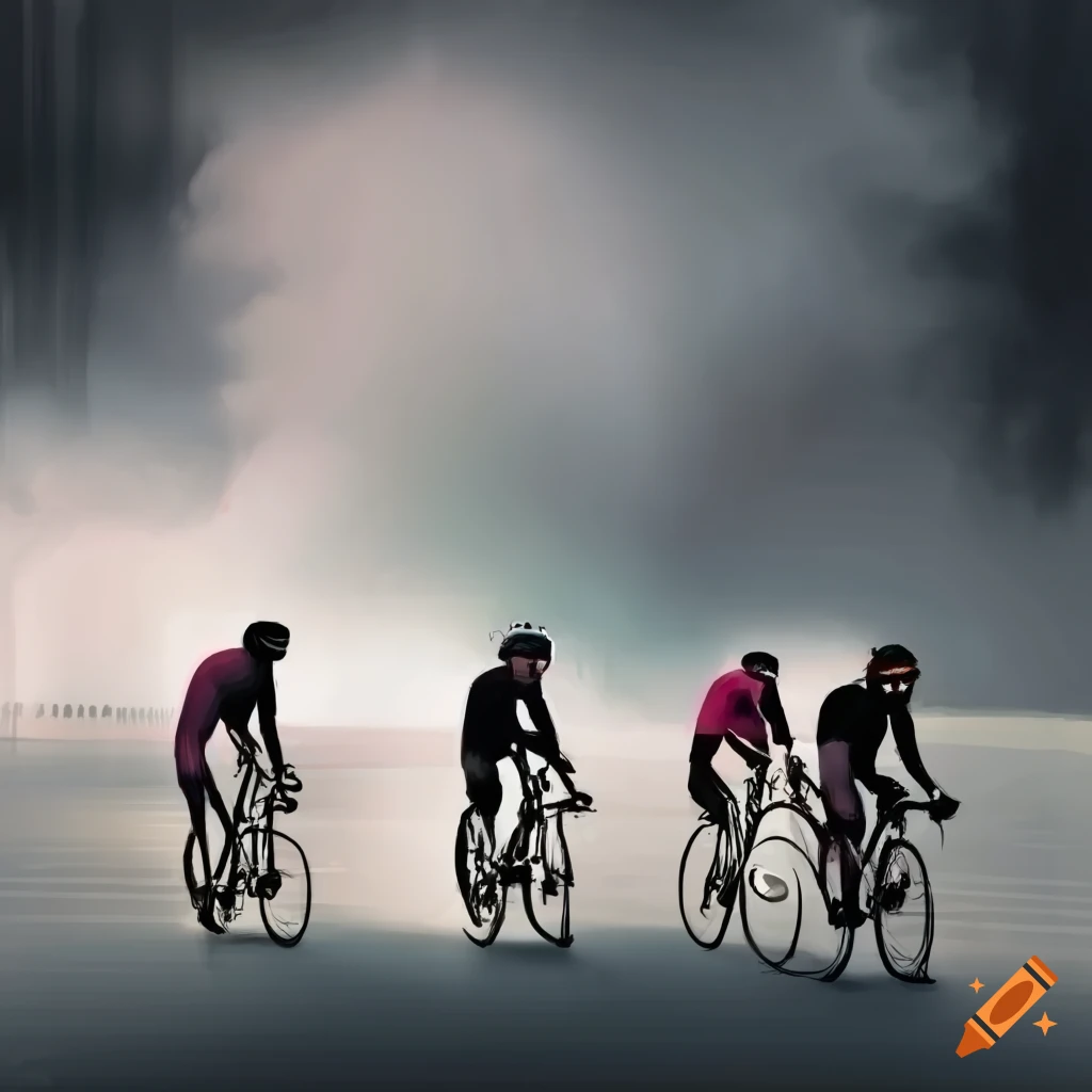 Illustration of cyclists riding road bikes through smoke clouds on Craiyon
