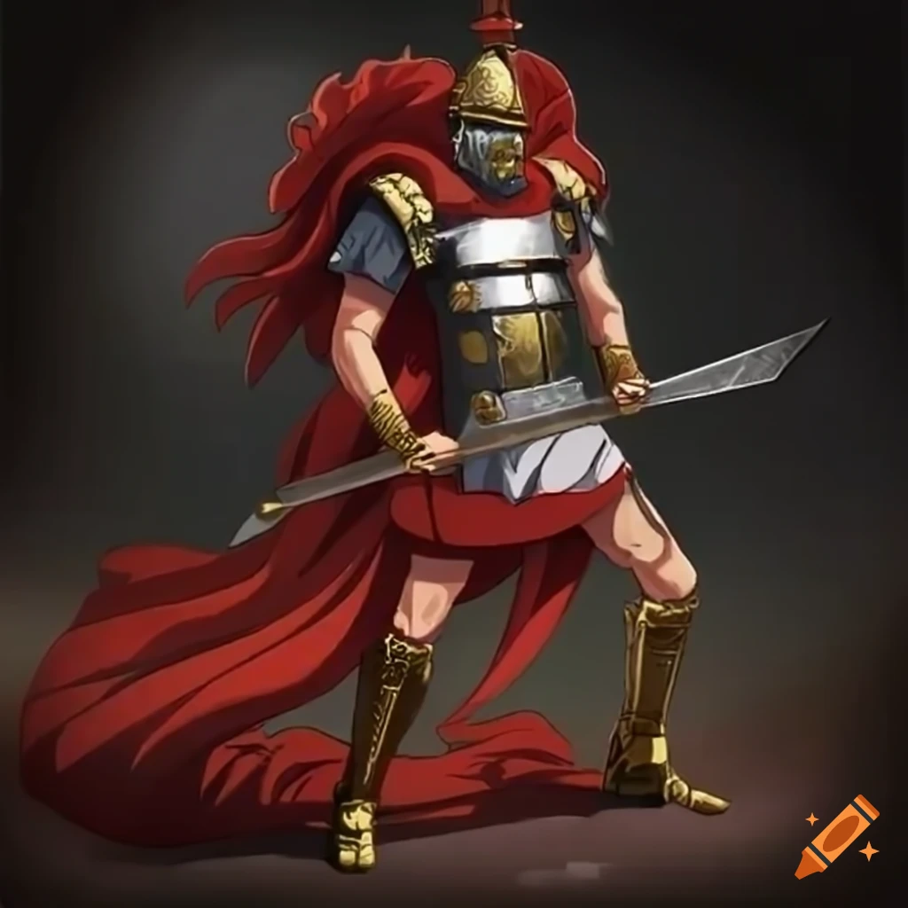 Anime roman soldier holding a large sword in attack stance on Craiyon
