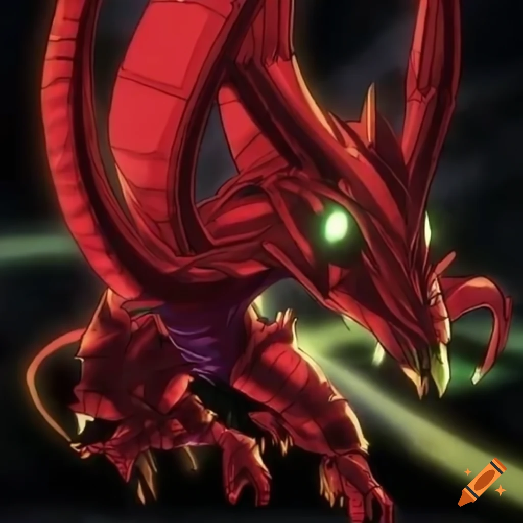 Full body shot of a green-eyed red dragon from yugioh on Craiyon