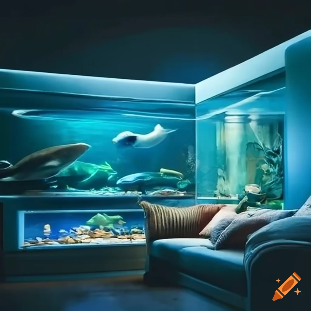Apartment with a shark tank in the living room on Craiyon